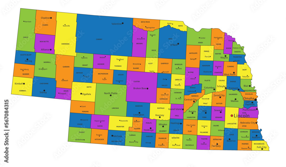 Colorful Nebraska political map with clearly labeled, separated layers ...