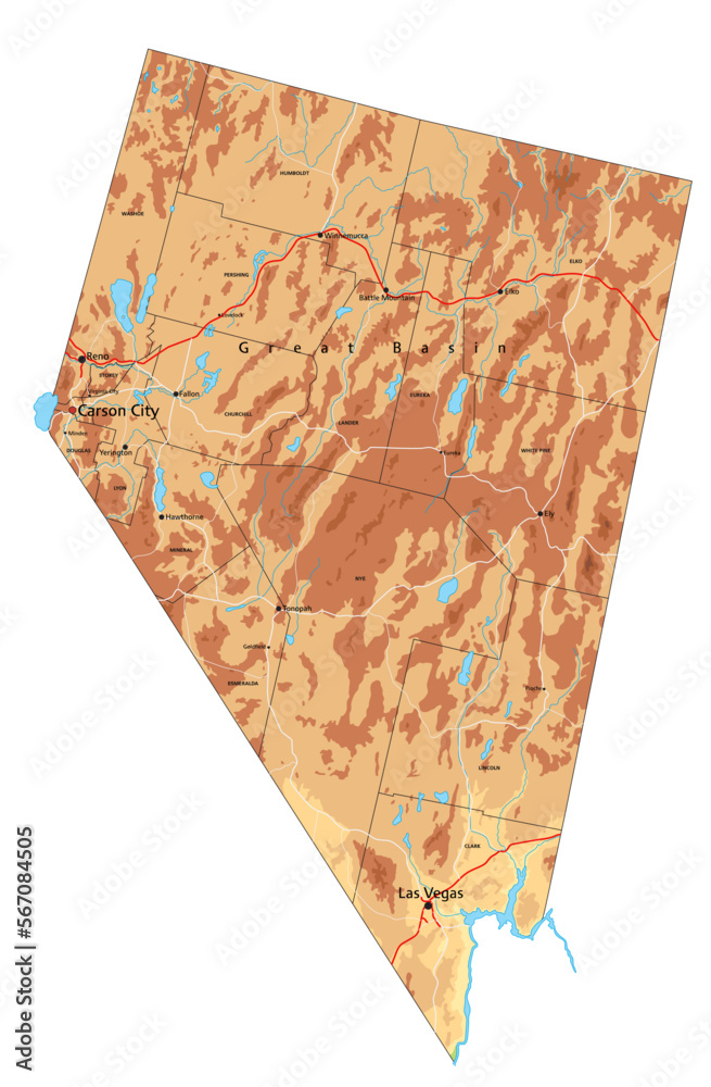 High detailed Nevada physical map with labeling. Stock Vector | Adobe Stock