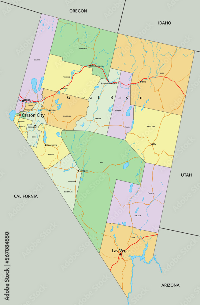 Nevada - Highly detailed editable political map with labeling. Stock ...