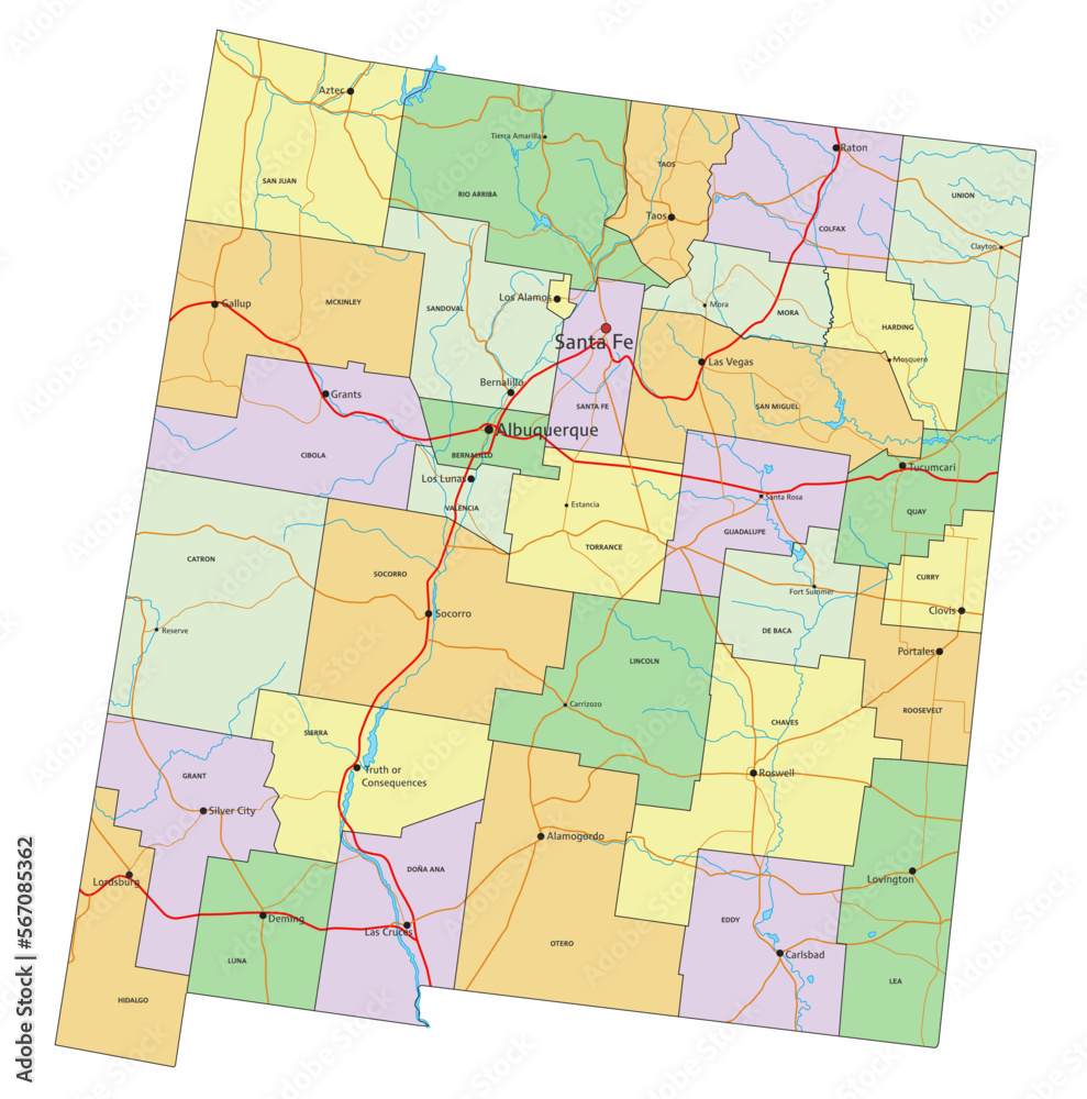 New Mexico - Highly detailed editable political map with labeling. 스톡 ...