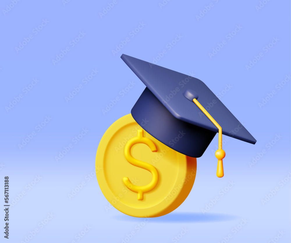 3D Graduation Cap and Gold Coin Isolated. Render Money for Education ...