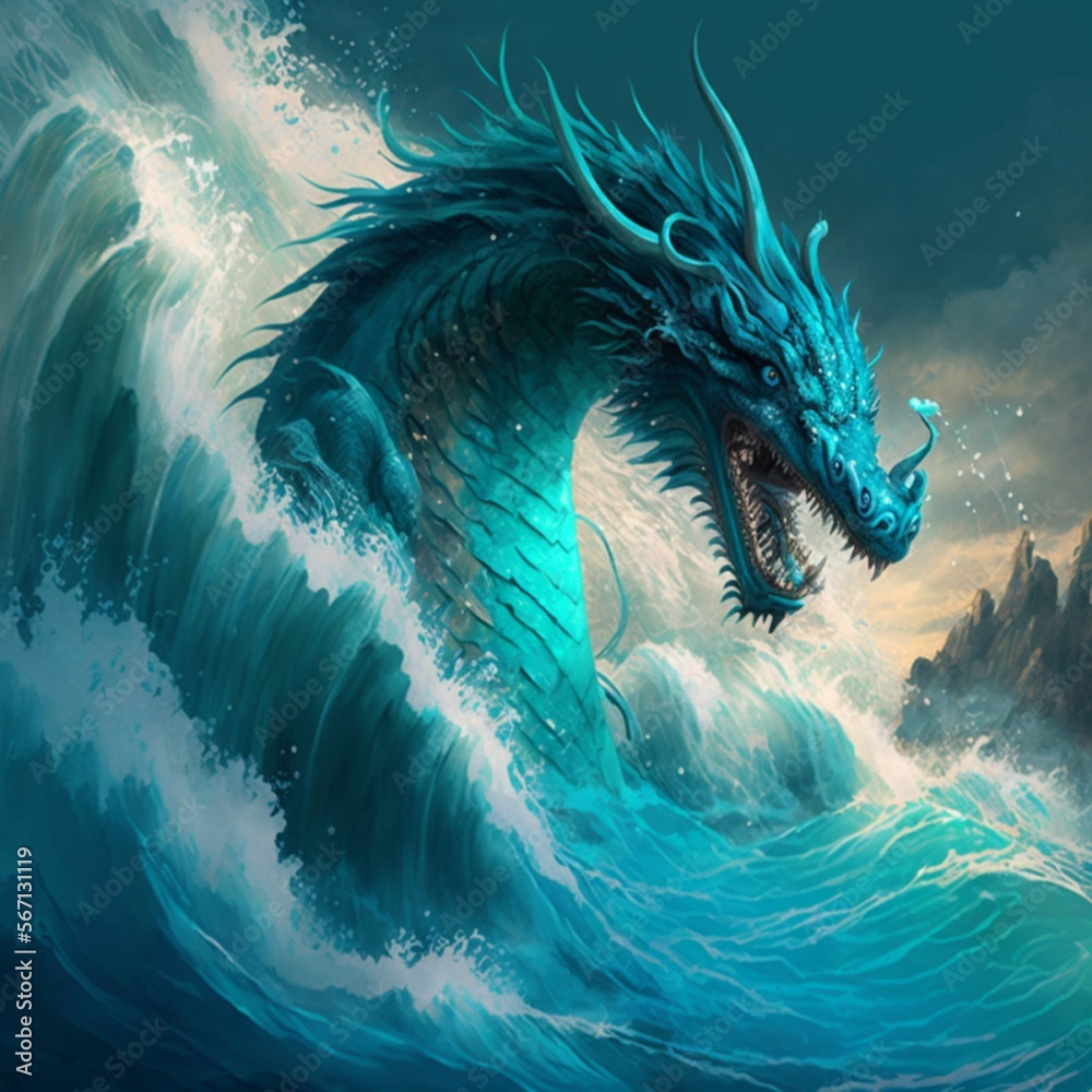 Aqua marine water dragon causing a tsunami fantasy art. Generative AI Stock Illustration | Adobe ...