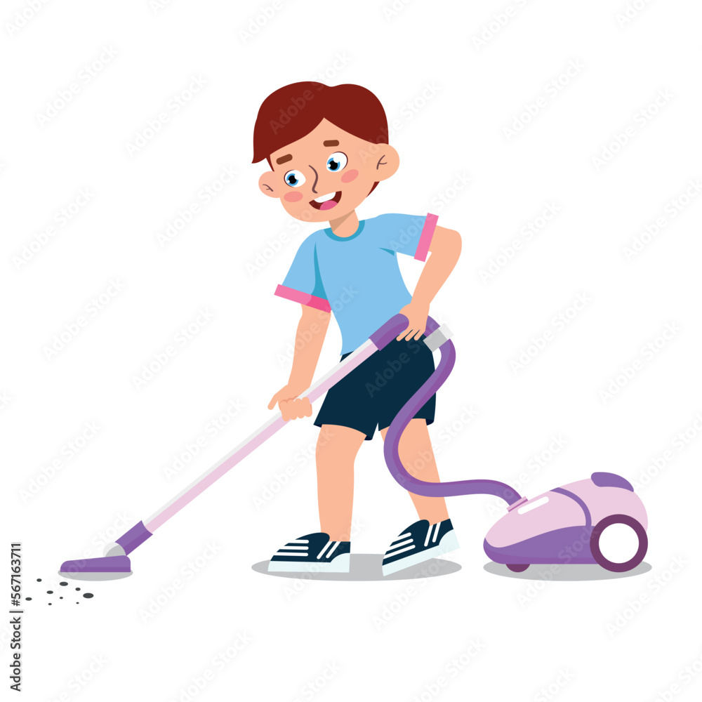 Vector illustration of a boy holding an electric vacuum cleaner ...