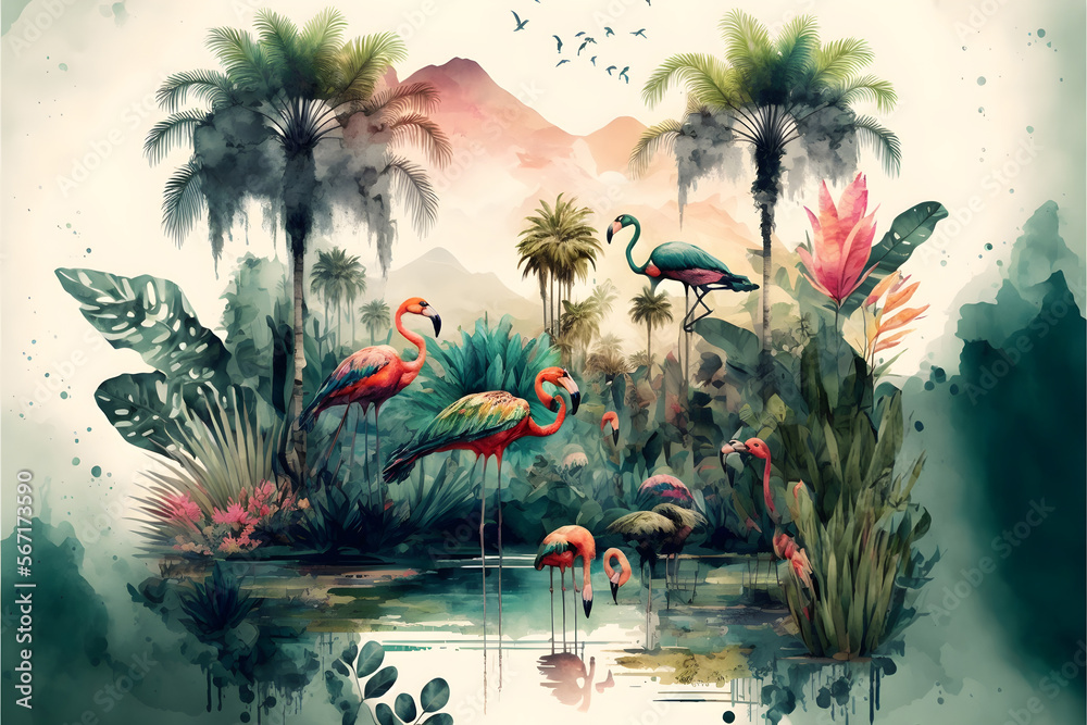 Wallpaper of a natural landscape of rainforests of trees and palms, in ...
