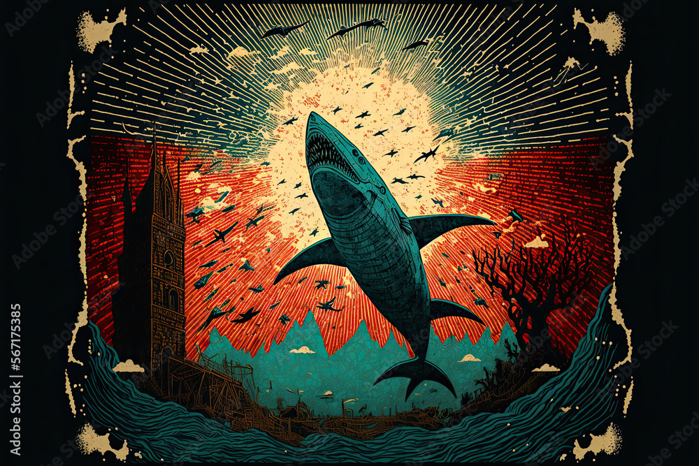 megalodon or shark seamonster, glowing full moon psychedelic vector ...