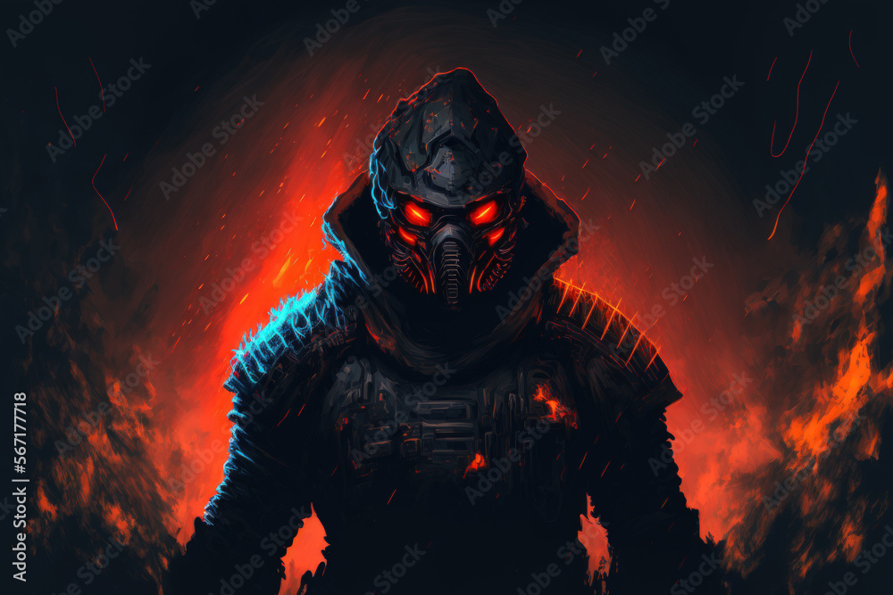 Illustration of a menacing cyberpunk creature with glowing red eyes in ...