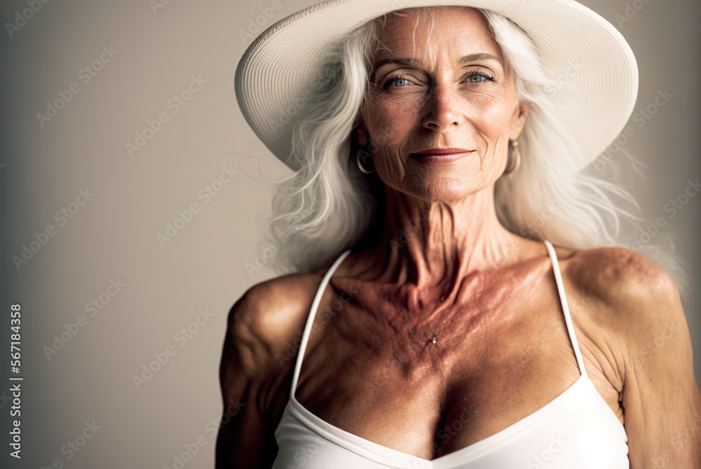 Attractive 65-year-old senior woman posing empowered and happy, in underwear, with age-imperfect ...