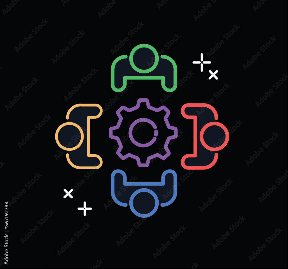 Business conference neon icon. Top view of men next to coghweel ...