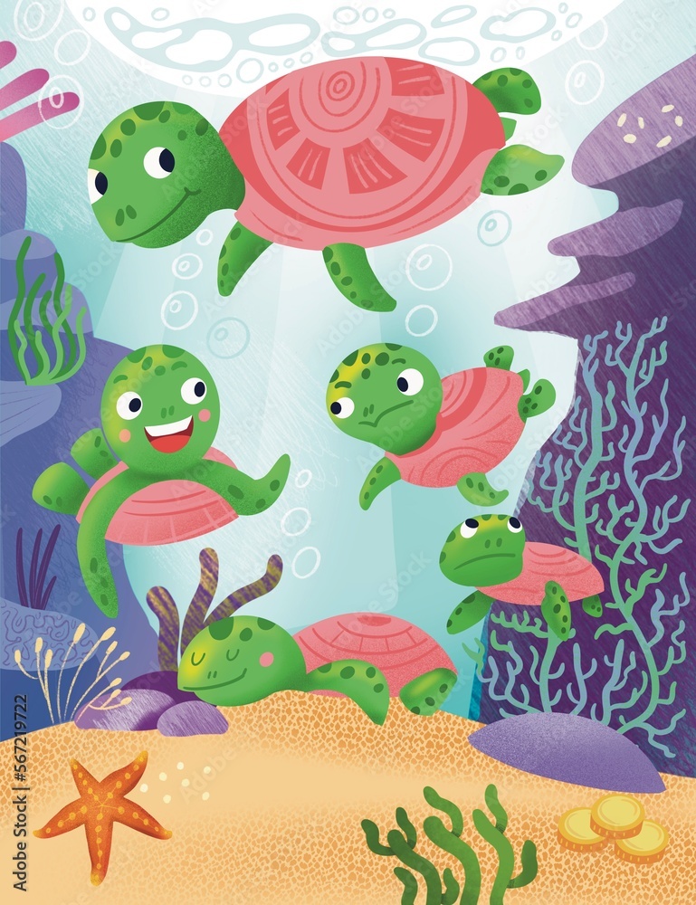 Cute cartoon turtles underwater. Sea world with seaweeds. Colorful ...