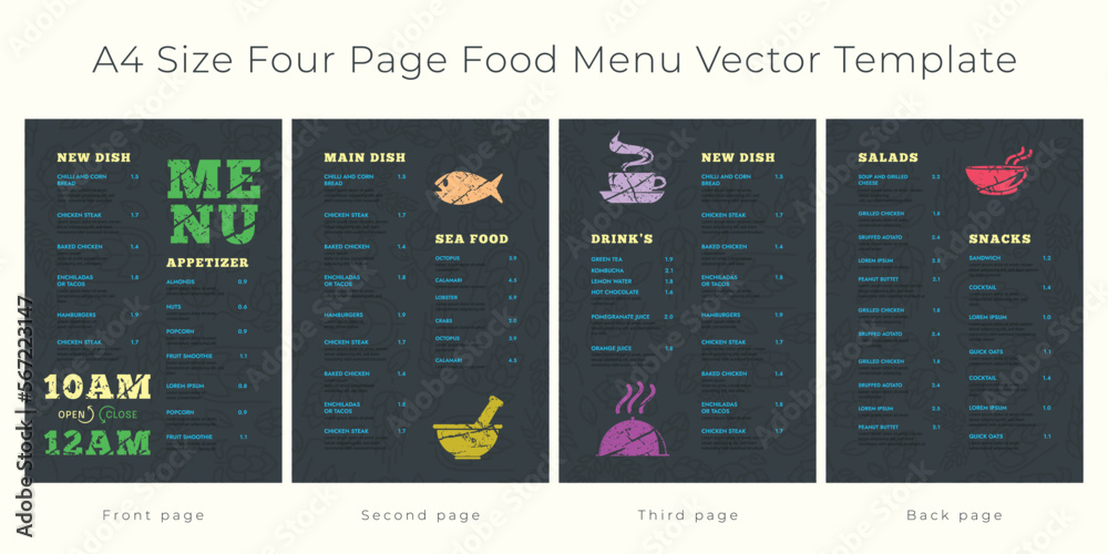 Restaurant cafe menu, template design, A4 size, Four page food menu template Stock Vector ...