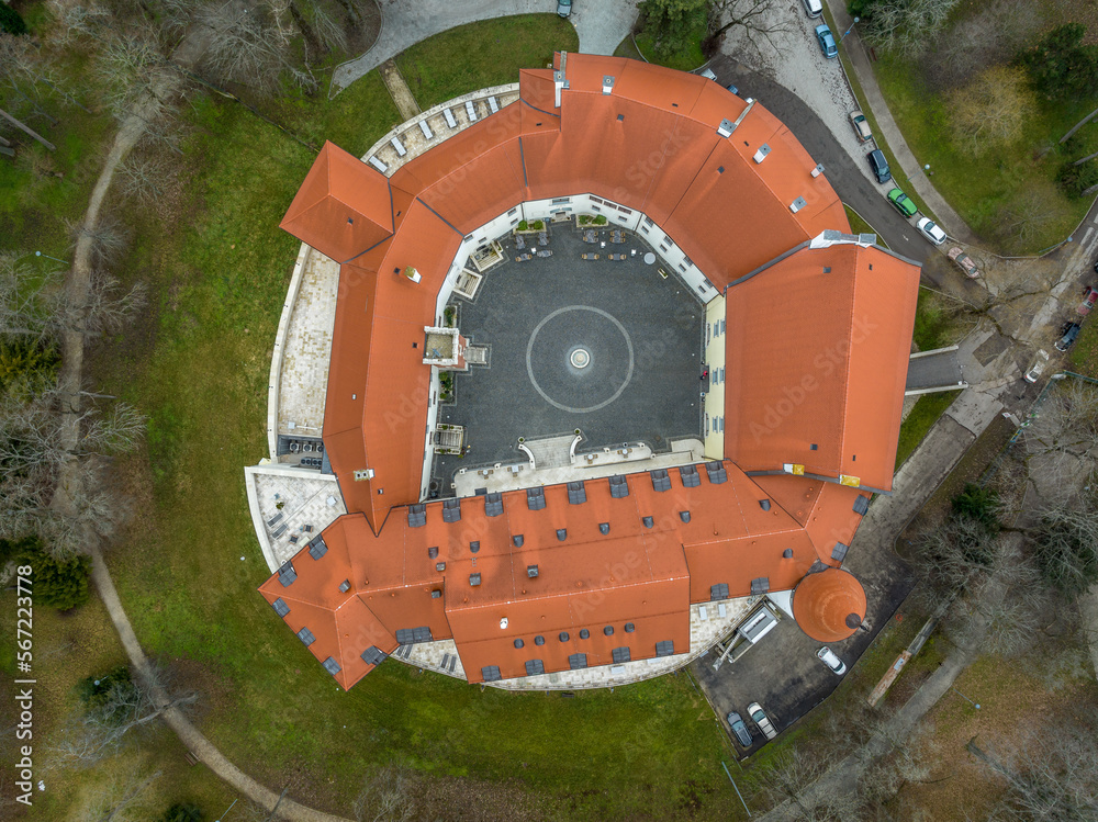 Aerial view of Pezinok (Bazin) medieval castle with restored red roof ...