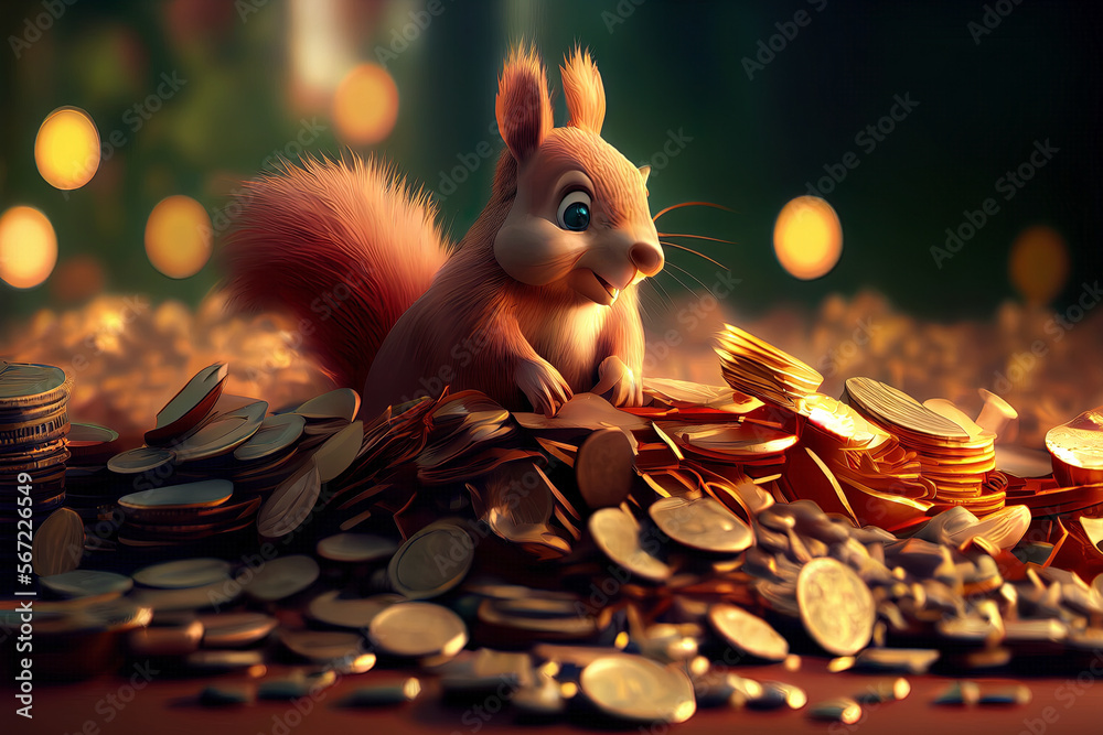 Cute funny kawaii squirrel keeping an eye on a mount of gold coins like he wants to save money ...