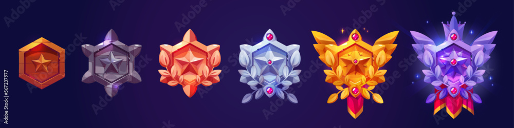 Fantasy hexagon frames of game avatars. Ranking wooden, stone, bronze ...