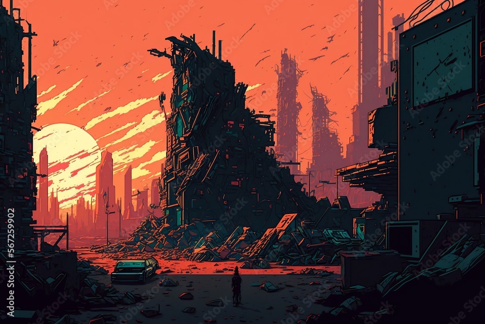 pixel art, destroyed crumbled city, cityscape, destruction, cyberpunk style. generative AI Stock ...