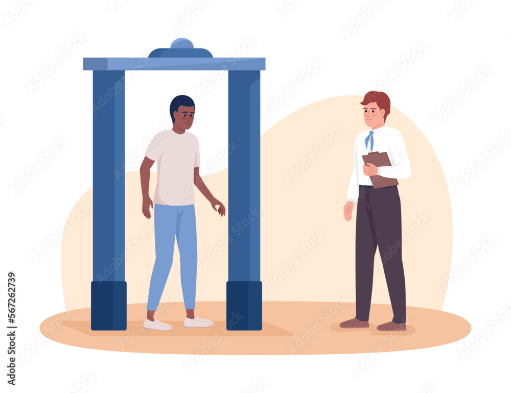 Airport safety scanner 2D vector isolated illustration. Boy going ...
