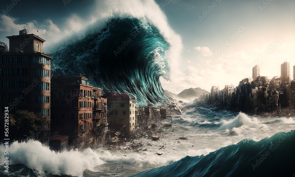 Huge tsunami destroying a city. Dramatic scenery with a big wave ...