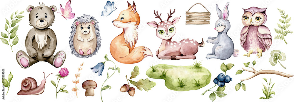 Woodland Forest Animals clipart. Cute little fox, rabbit, bear ...