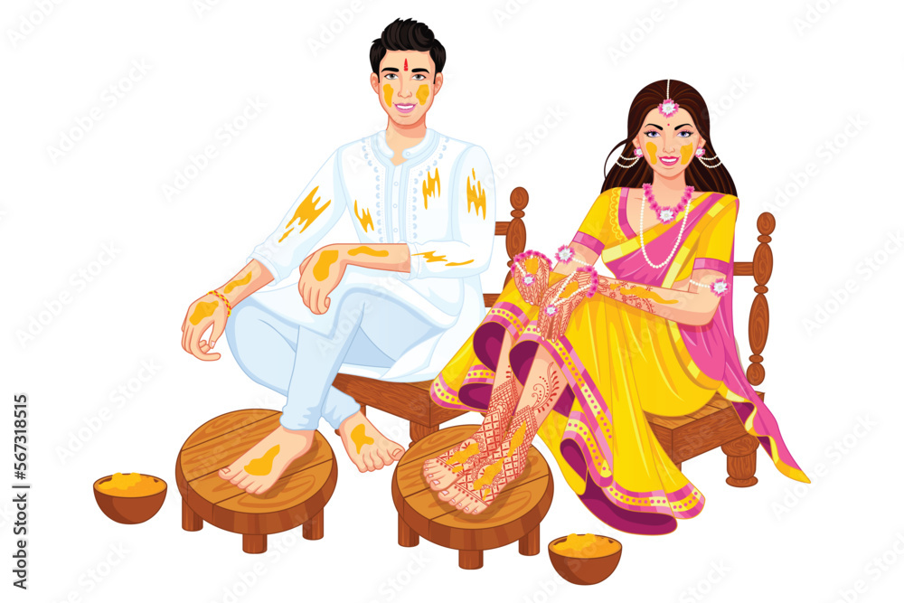Vector de Stock Indian Wedding Bride and Groom for Haldi Ceremony ...