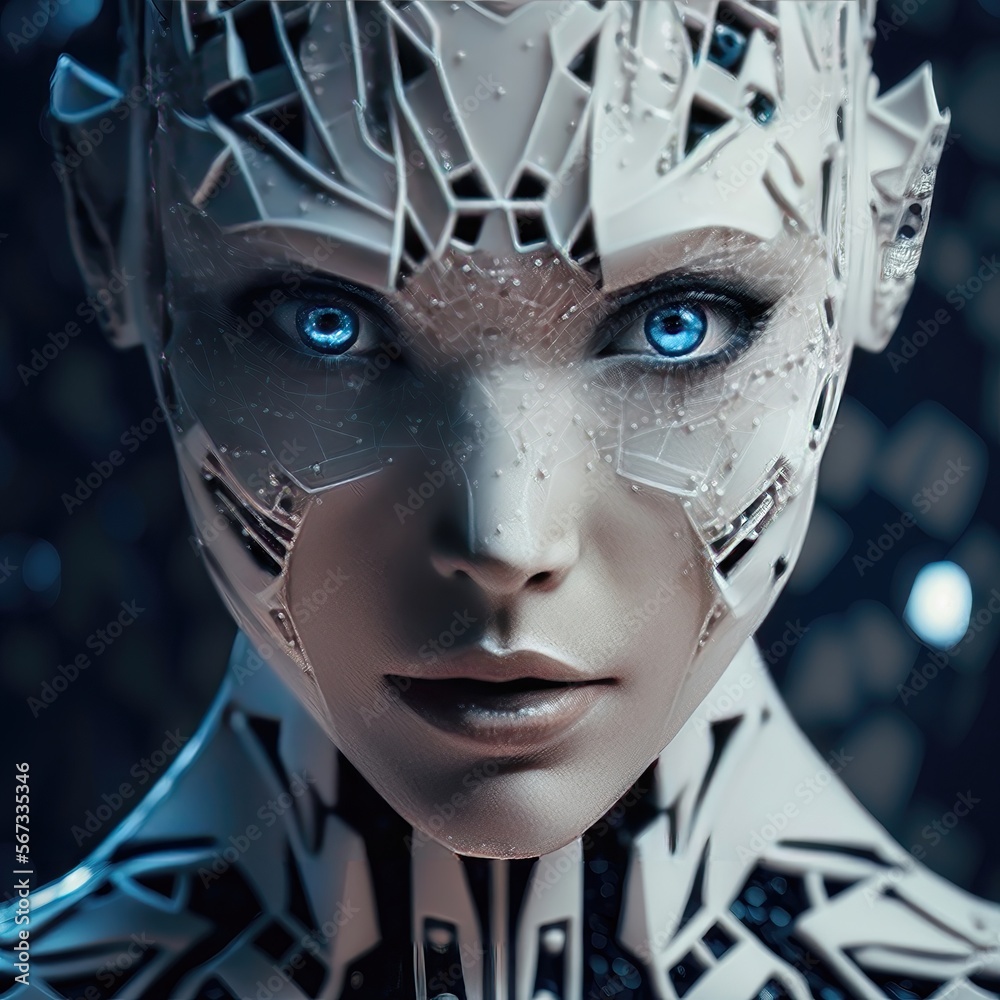 Ilustración de Stock AI humanoid female robot close-up face portrait ...