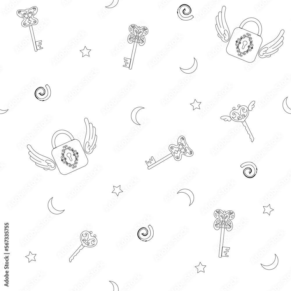 Seamless pattern for kids. Magic keys with padlock, star and moon. For ...