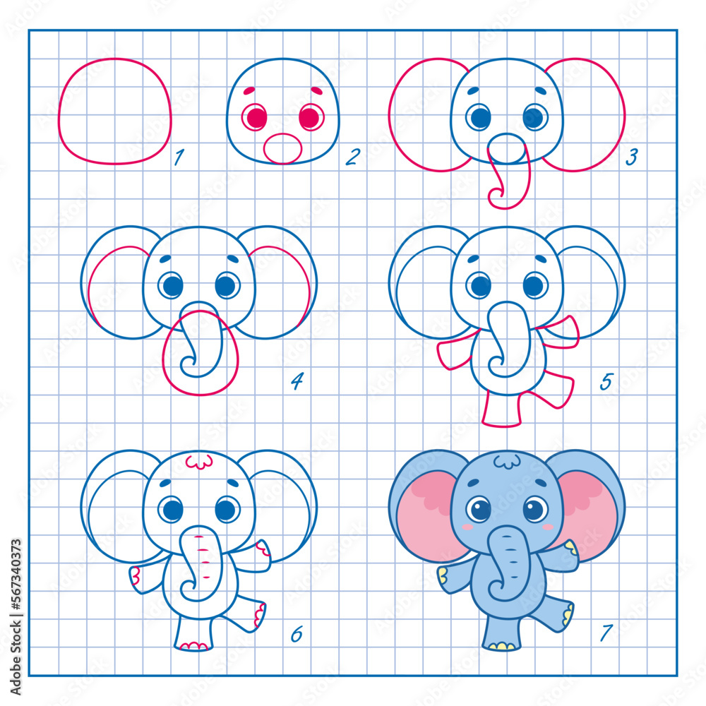 How to Draw Cute Elephant, Step by Step Lesson for Kids cartoon vector ...