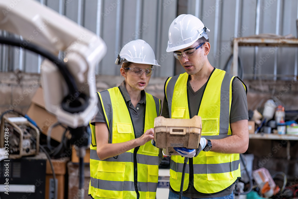 In robotic training center instructor teaching girl engineer how to ...