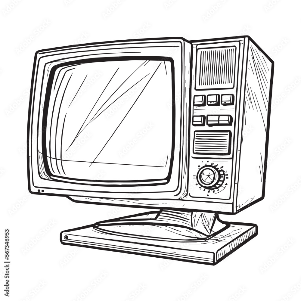 Old Computer Monitor Black Outline Silhouette in Hand Drawing Sketch ...