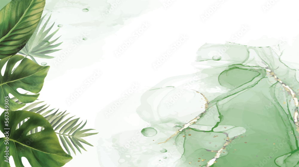 green tropical leaves watercolor with elegant wedding invitation card ...