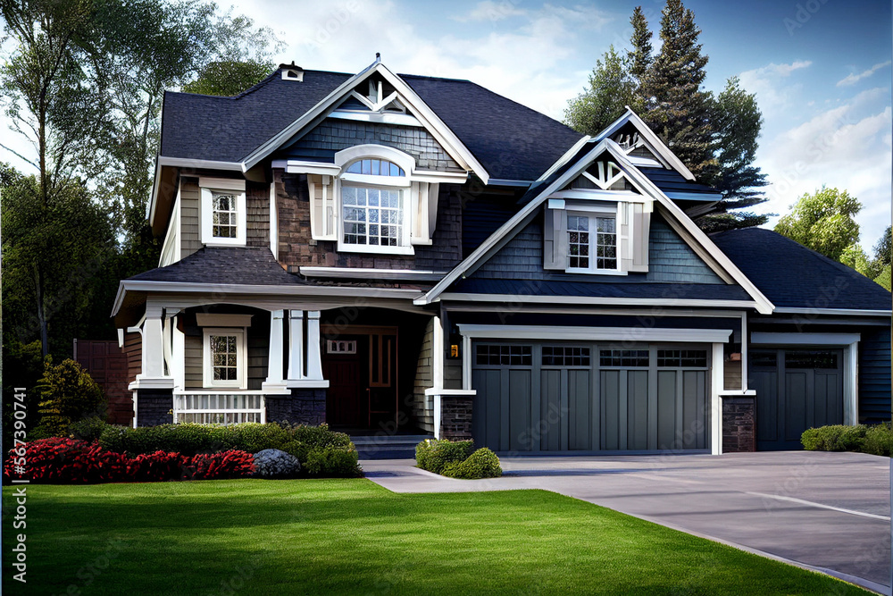 Typical American household, home ownership. House with lawn, garage for two cars, barbecue area ...