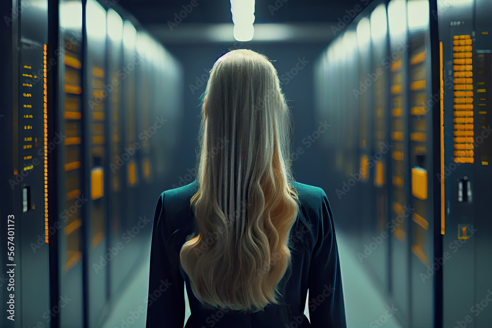Back view of blonde woman IT Engineer in the server room of a modern ...