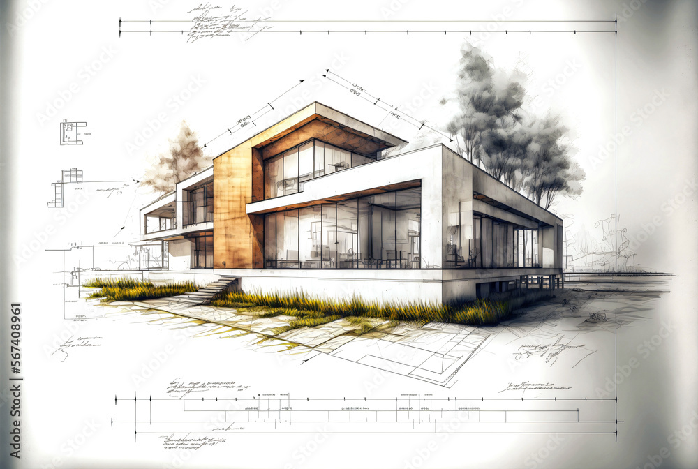 building project plan blueprint of a modern house. Designed using generative ai Stock ...