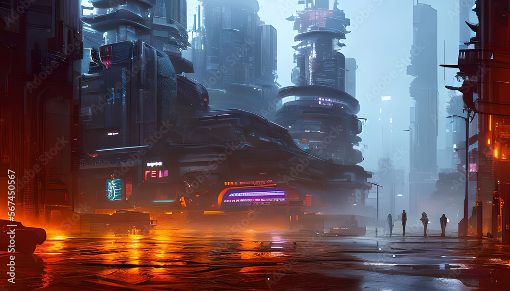 Stock-Illustration „Cyberpunk streets illustration, futuristic city, dystopic artwork at night ...
