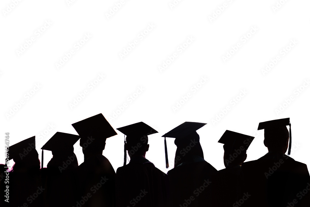Silhouettes of a row on graduating students with graduate hats isolated ...