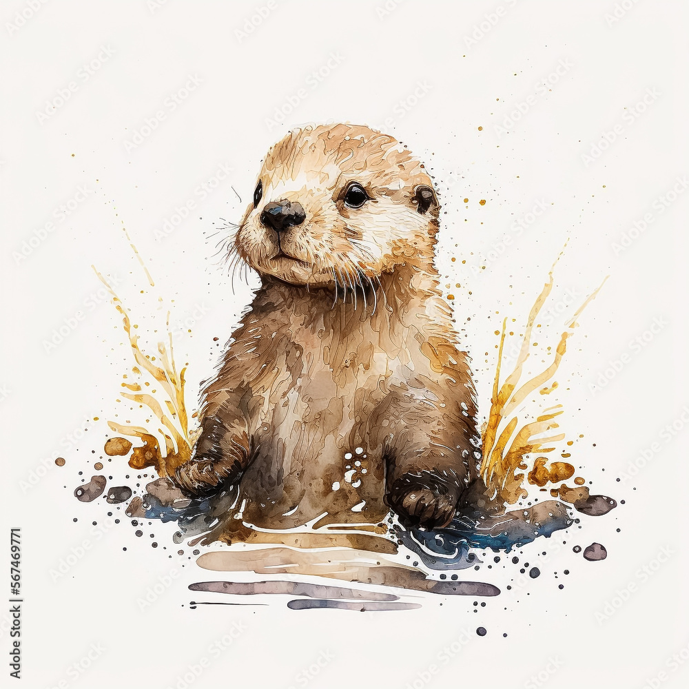 Sea Otter swimming in the water. Watercolor painting. Generative AI ...