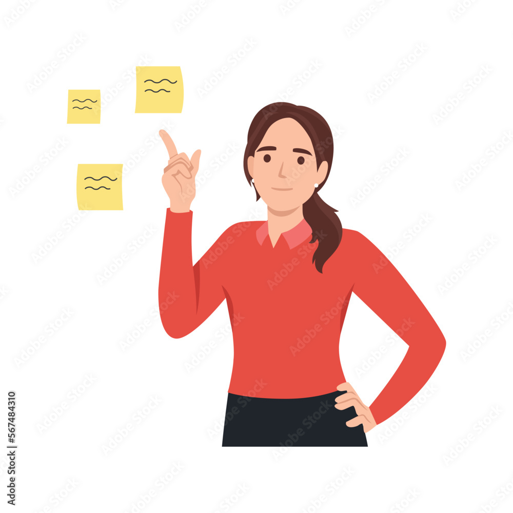 Young businesswoman point at sticky notes with numbers planning tasks ...