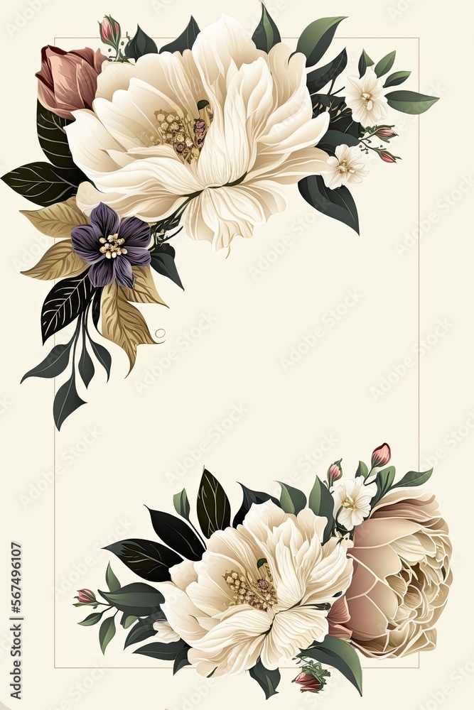 wedding invitation with flowers, white cream background AI assisted ...