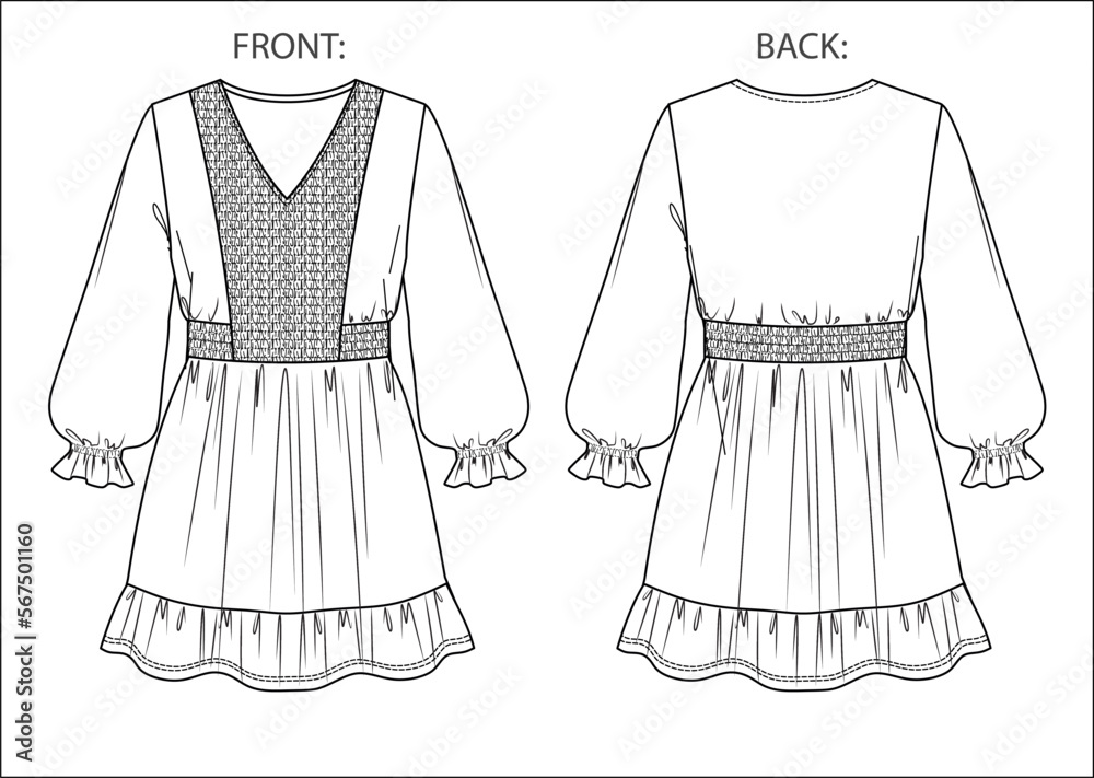 Vector long sleeved dress fashion CAD, template, flat. Balloon sleeved ...