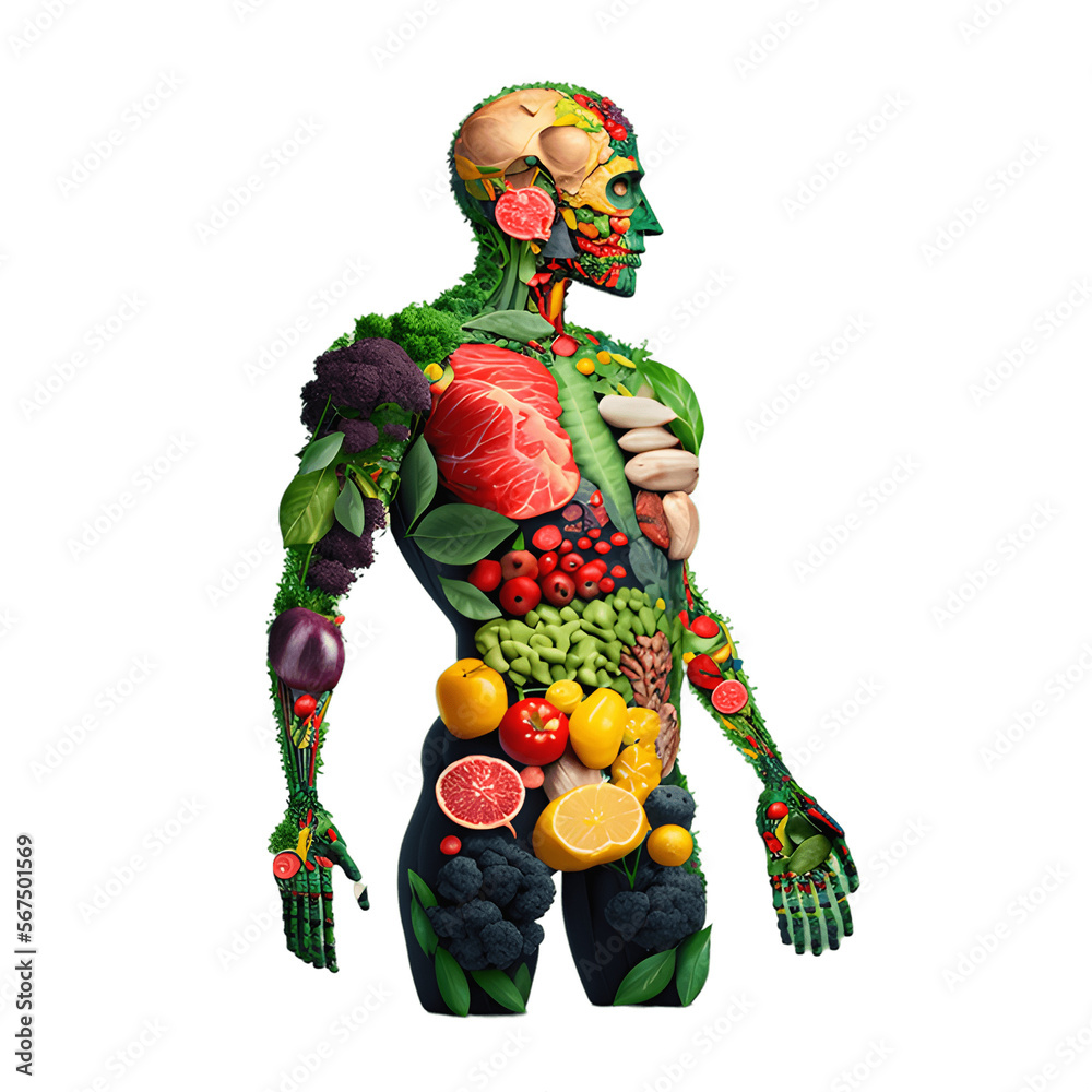 human body made from healthy food parts isolated on a transparent ...