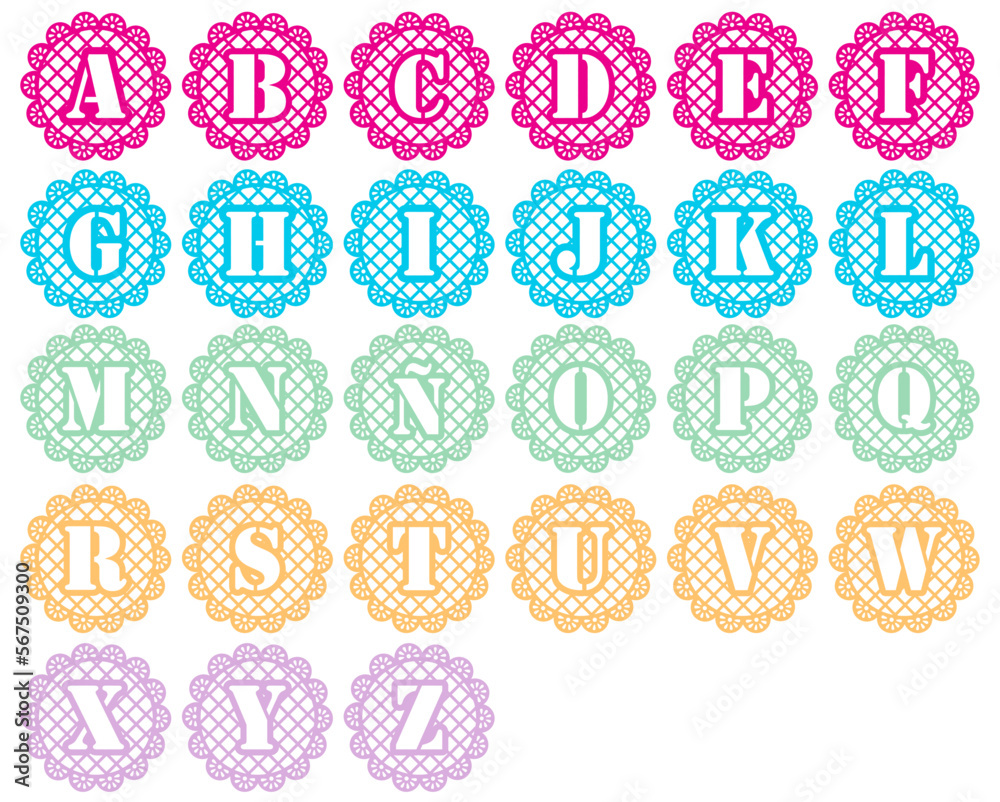 Papel picado, abecedario en blonda de diferentes colores Stock Vector ...