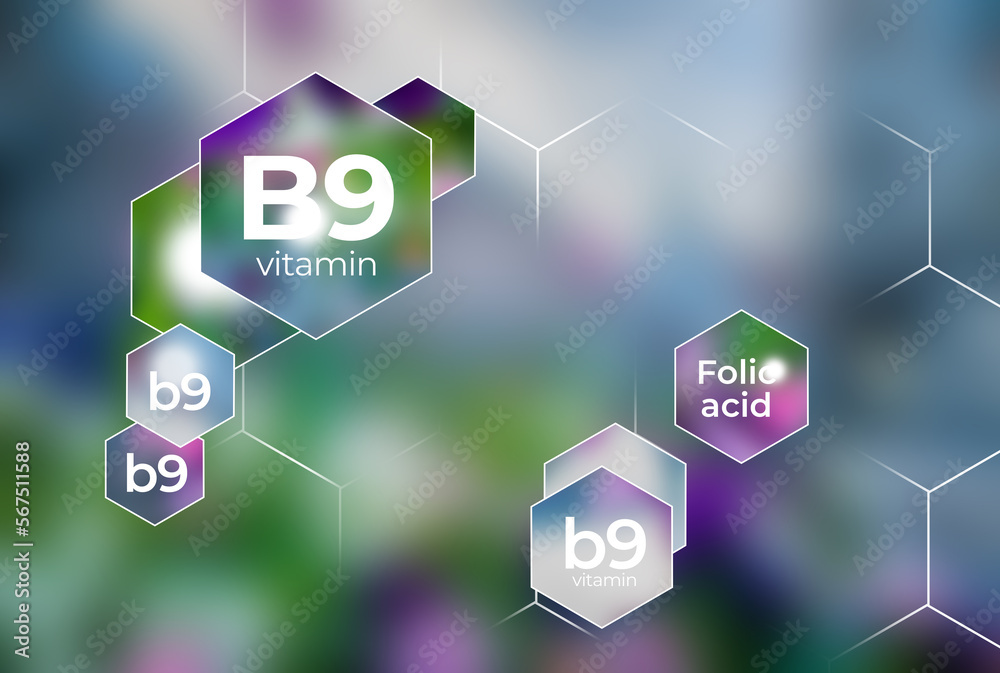 Molecular model of vitamin B9. Hexagons with Vitamin B9 name, blurry ...