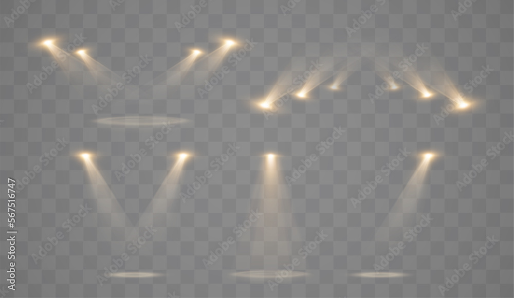 Gold Spotlights Background. Isolated Vector Light Effect With Lights ...