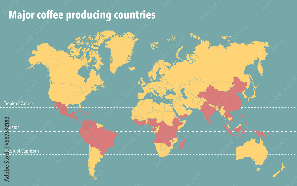 World map with the major coffee producing countries Stock Illustration ...