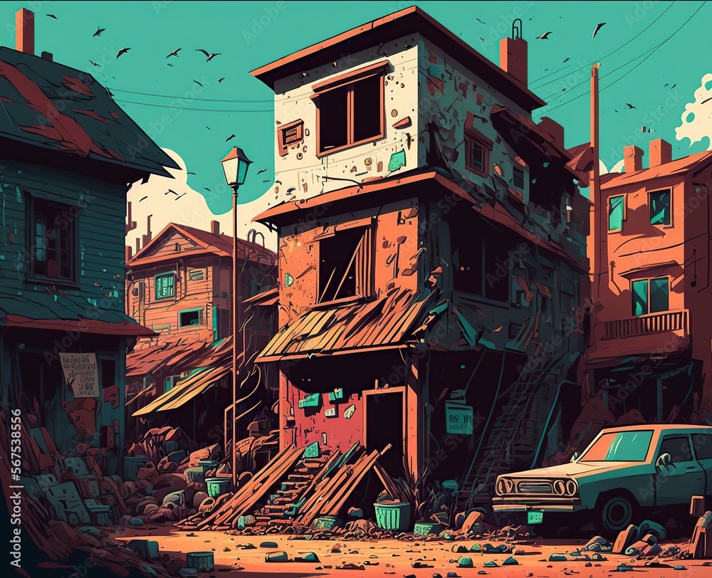 cartoon illustration, ghetto street with poor and dirty houses ...