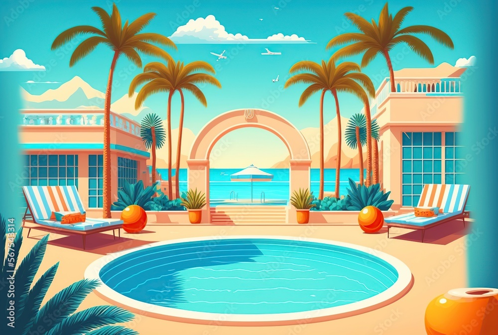 cartoon illustration, outdoor swimming pool in a hotel and sun loungers ...