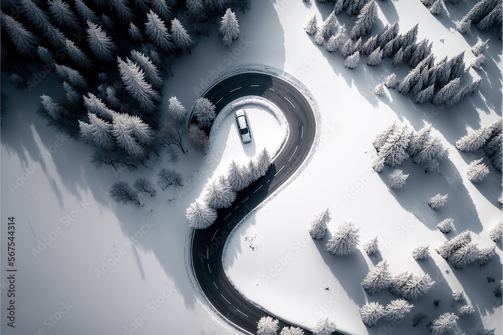 Uncertainty question mark made of a top view of a car driving on dead ...