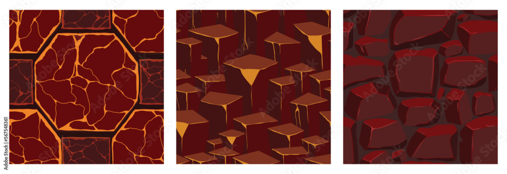 Cartoon game textures, lava surface seamless patterns. Game assets walls and environment ...