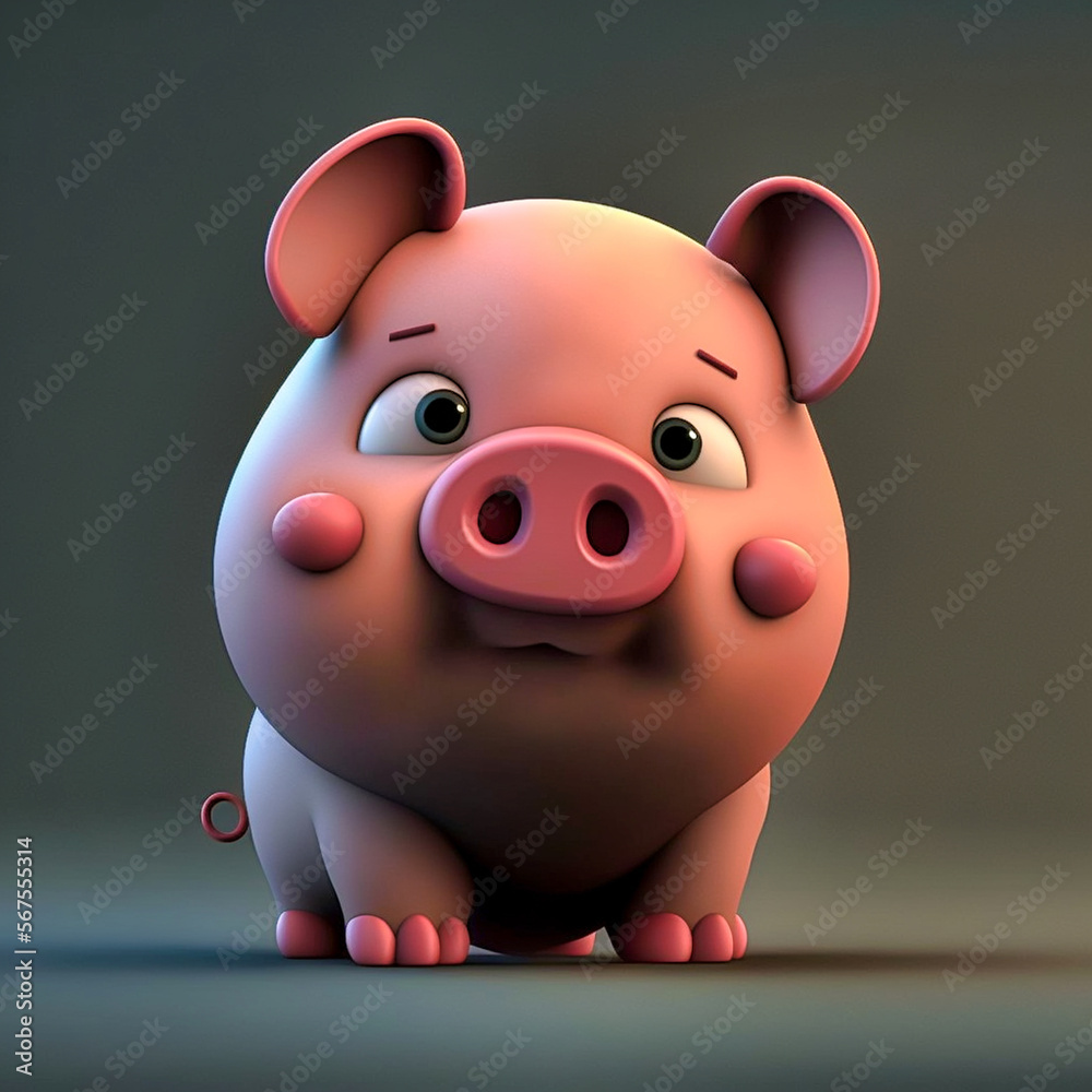 Cute little pig 3d rendering, illustration of farm animals. Digital art. Created with generative ...