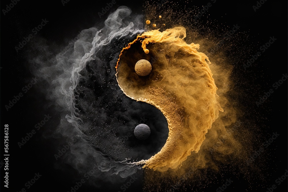 Golden and black yin yang symbol with floating powder on black ...
