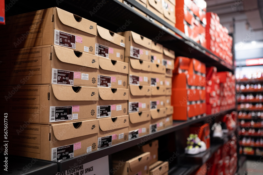 JOHOR, MALAYSIA - Apr 21, 2022: Nike brand shoe boxes stacking up in ...