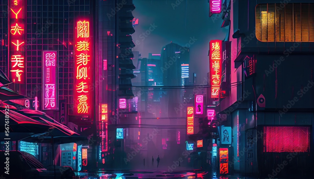 Cyberpunk futuristic Tokyo city at might with Japanese neon signs Stock ...